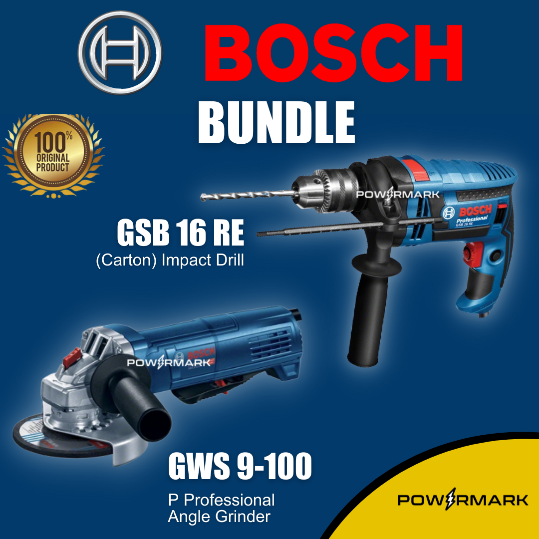 [BUNDLE] BOSCH GSB 16 RE Impact Drill (Carton) + BOSCH GWS 9-100 P Pro – Powermark